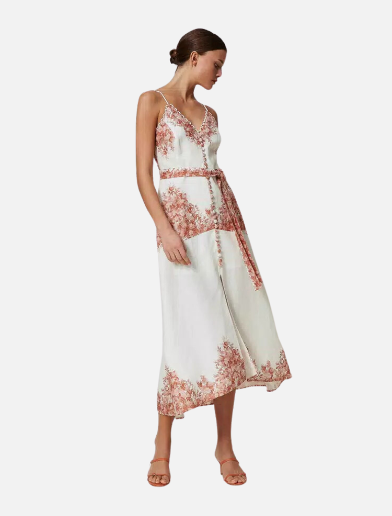 Midi Linen Dress with Floral Print - Papaya Print – Mariko Boutique