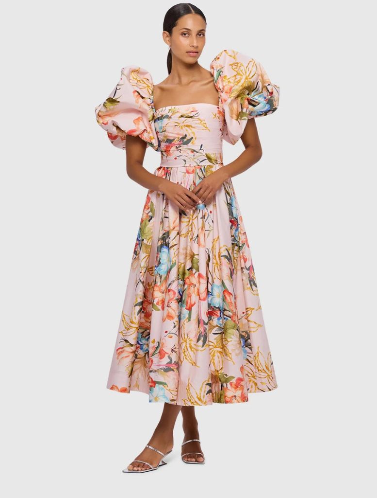 Matilda Puff Sleeve Midi Dress Opulent Print In Blush Mariko Boutique